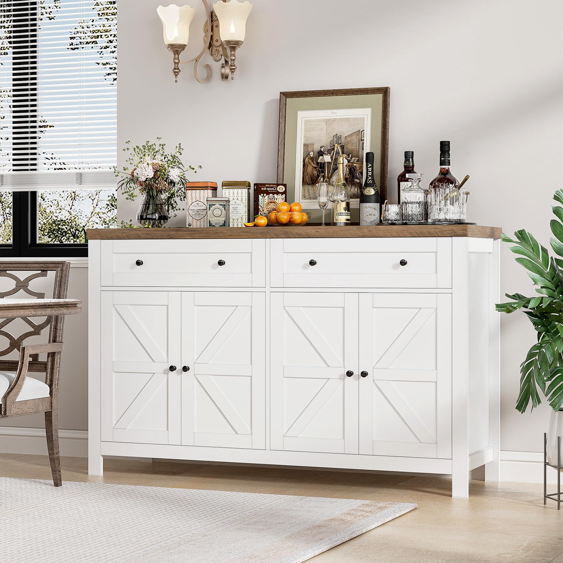 Farmhouse Style 55 Inch Buffet Sideboard, Coffee Bar Cabinet with ...