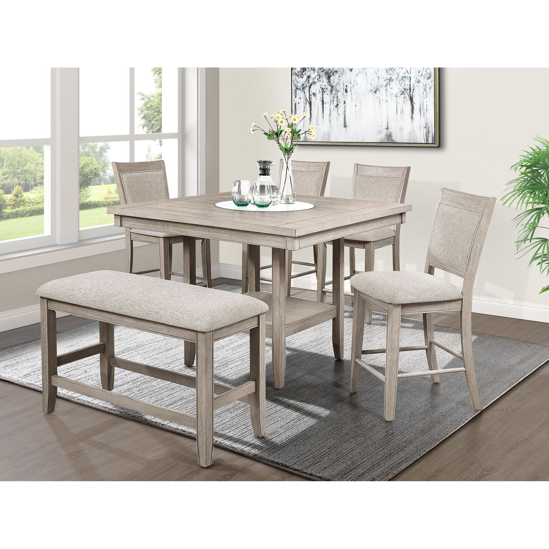 Farmhouse Style 6pc Dining Set | Square Table with Footrest | Tan/Beige ...