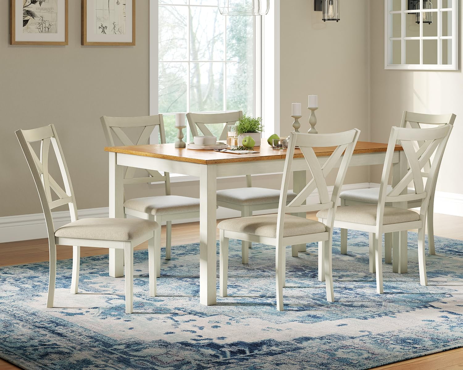 Farmhouse Style 7-Piece Solid Wood Dining Set with 6 Padded Chairs, 60 ...