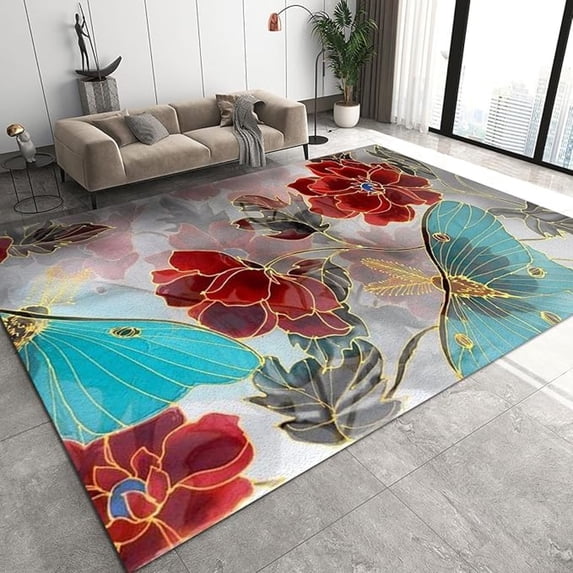 Farmhouse Style Boys Rugs For Bedroom, Red Flowers Blue Butterfly Kids ...