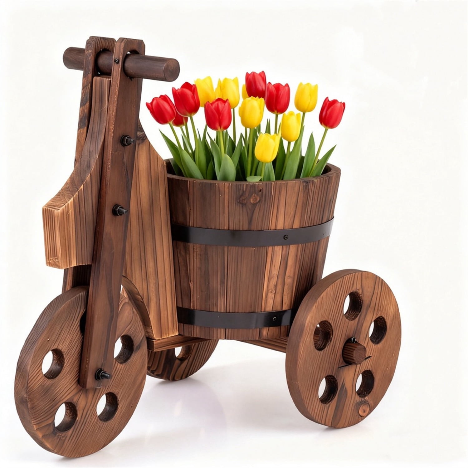 Farmhouse Style Carbonized Fir Wood Plant Trolley - 3-Wheel Metal Band ...