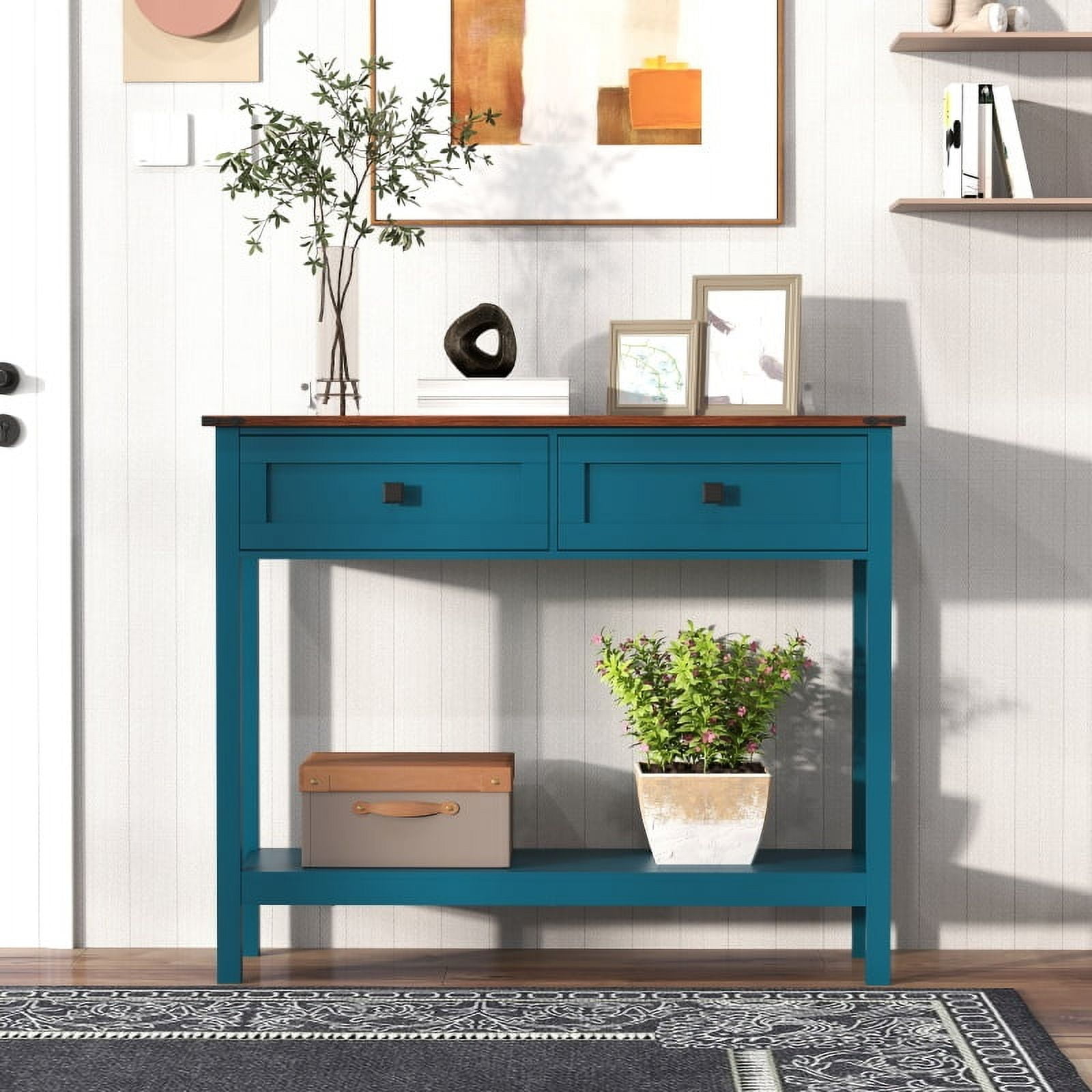 Farmhouse Style Console Table with 2 Drawer and Bottom Storage Shelf ...