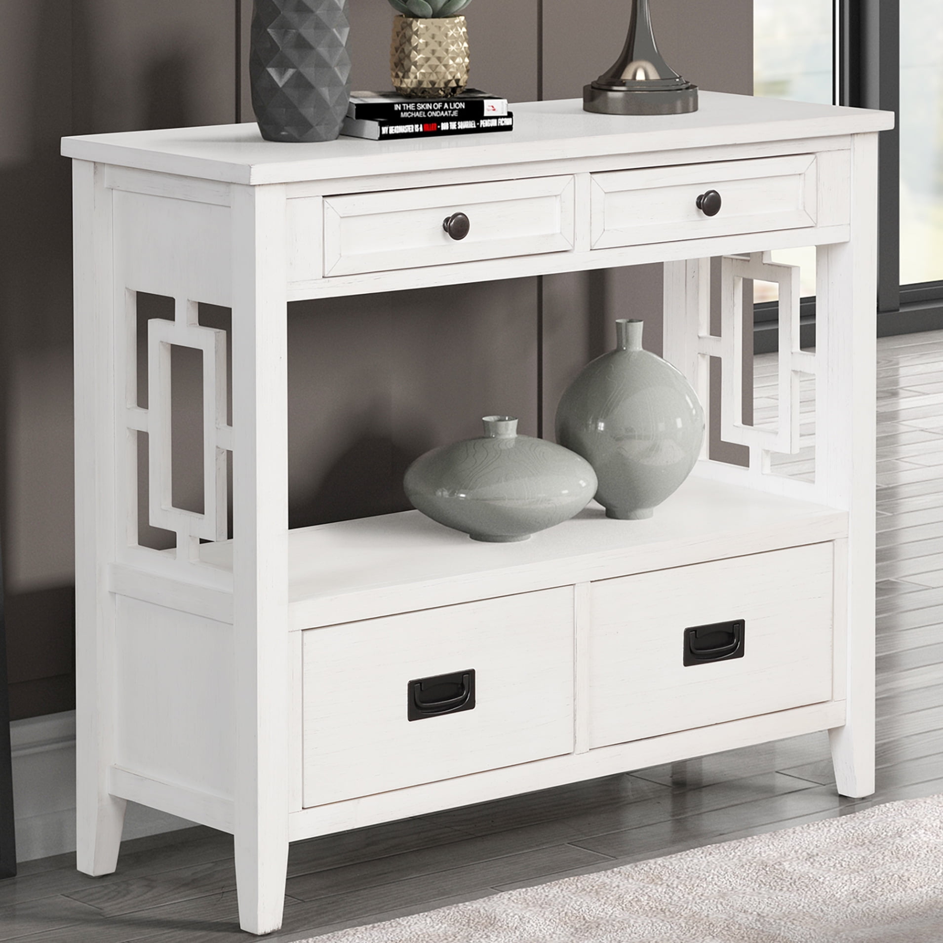 Farmhouse Style Console Table with 4 Drawers, Entryway Table with 1 ...