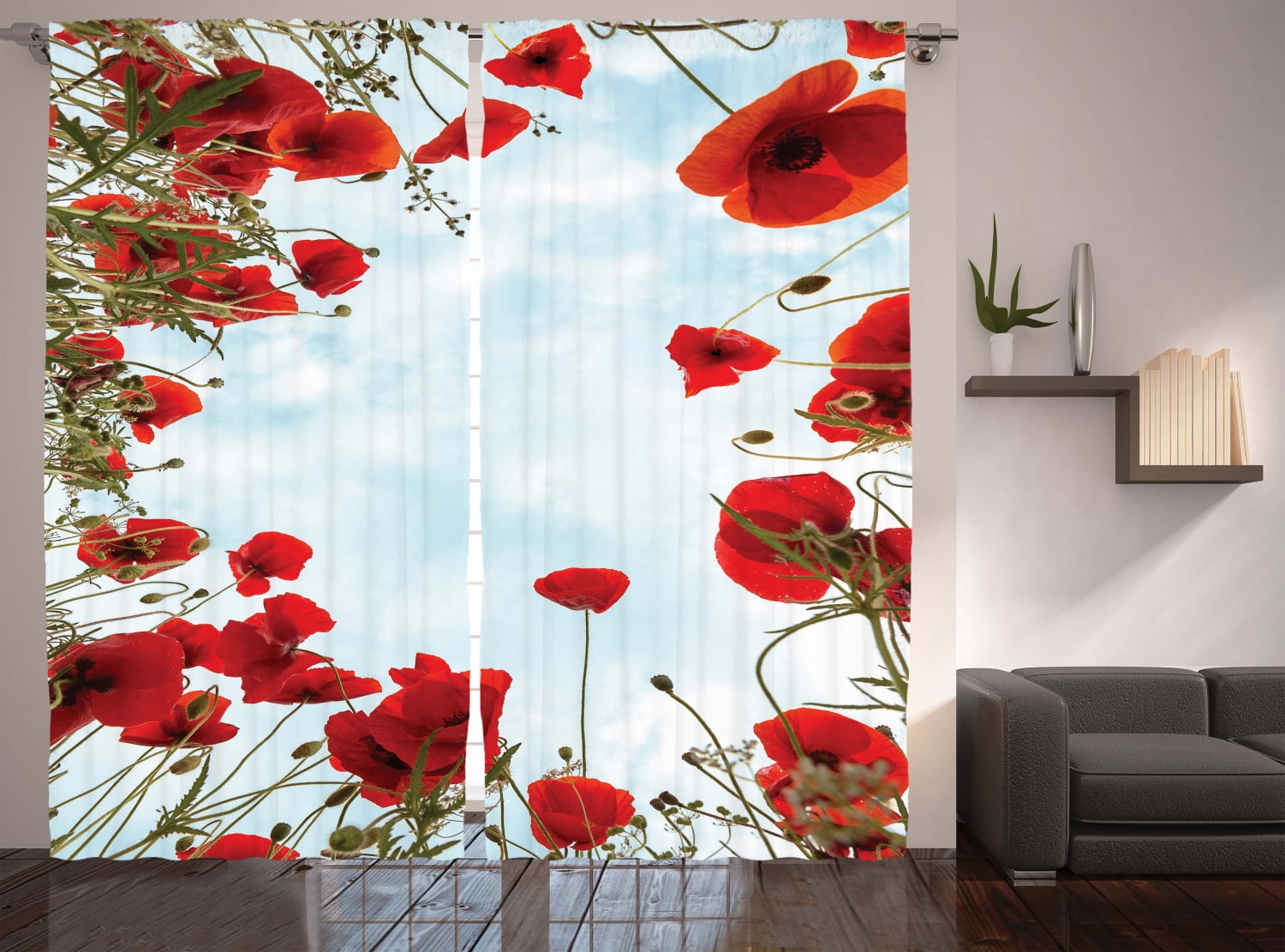 Ambesonne Poppy Flower Curtains 2 Panel Set, Meadow Flowers Cottage ...