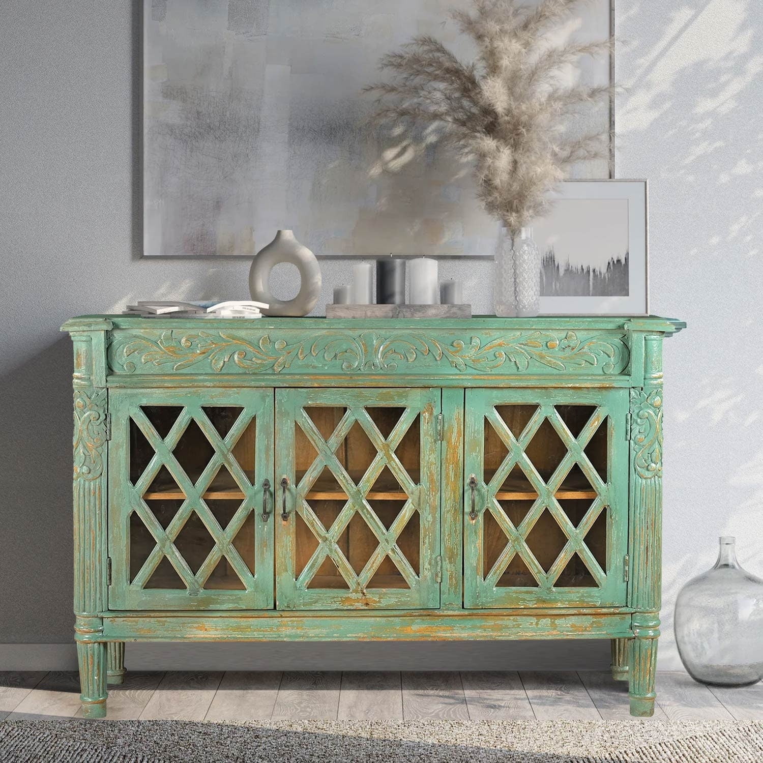 Farmhouse Style Distressed Blue Carved 60â€ Long Sideboard With Glass ...