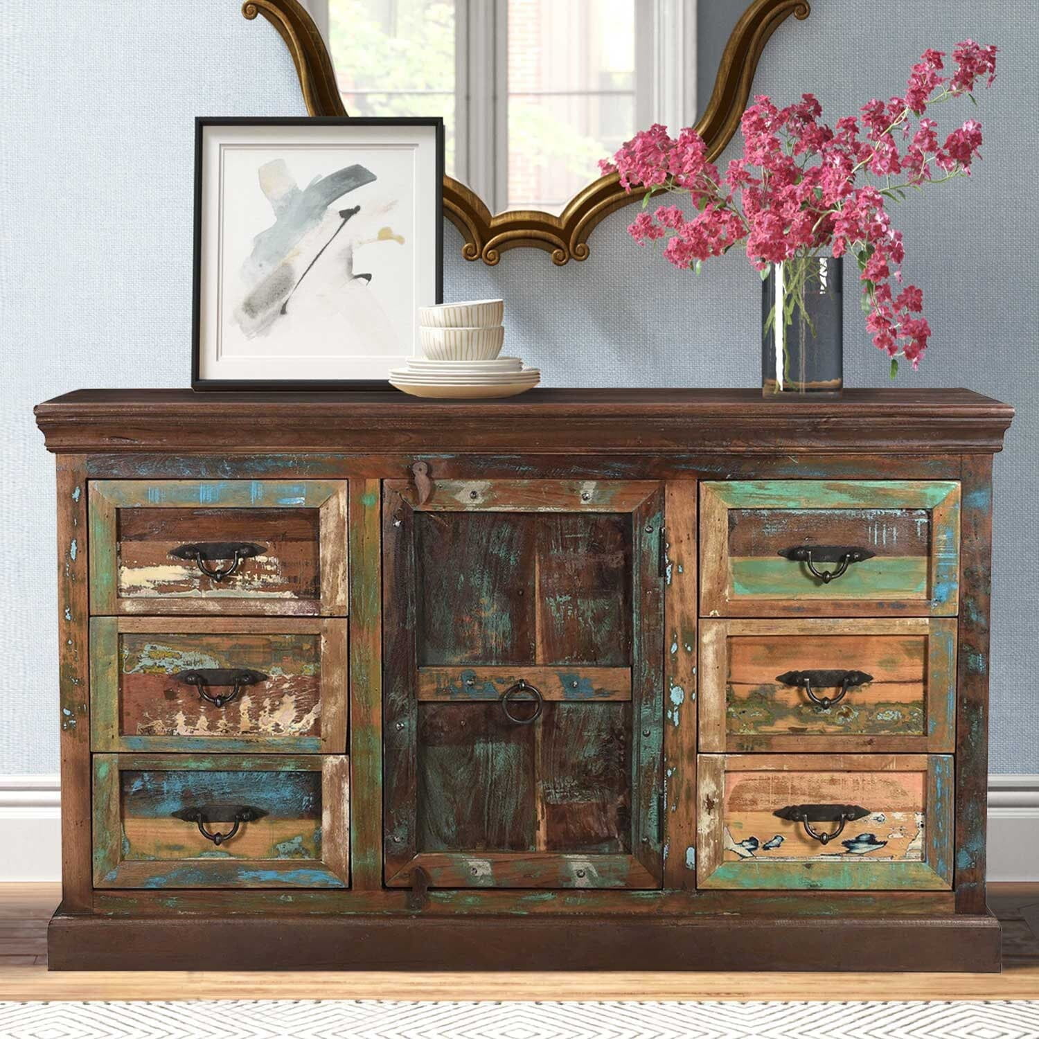 Farmhouse Style Distressed Painted Solid Wood 6 Drawers Bedroom Dresser ...