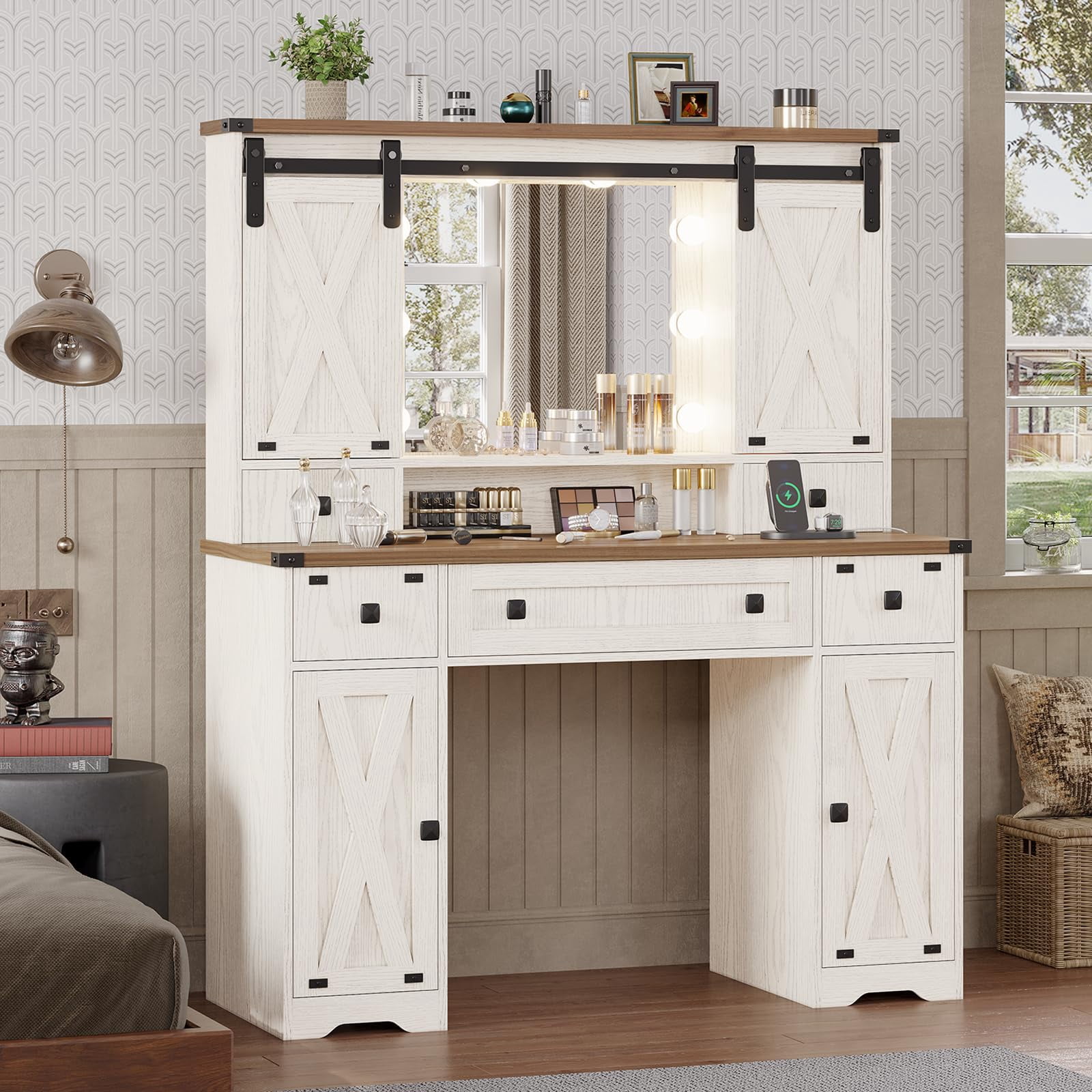Farmhouse Style Dressing Table with LED Hollywood Mirror, Vanity Desk ...