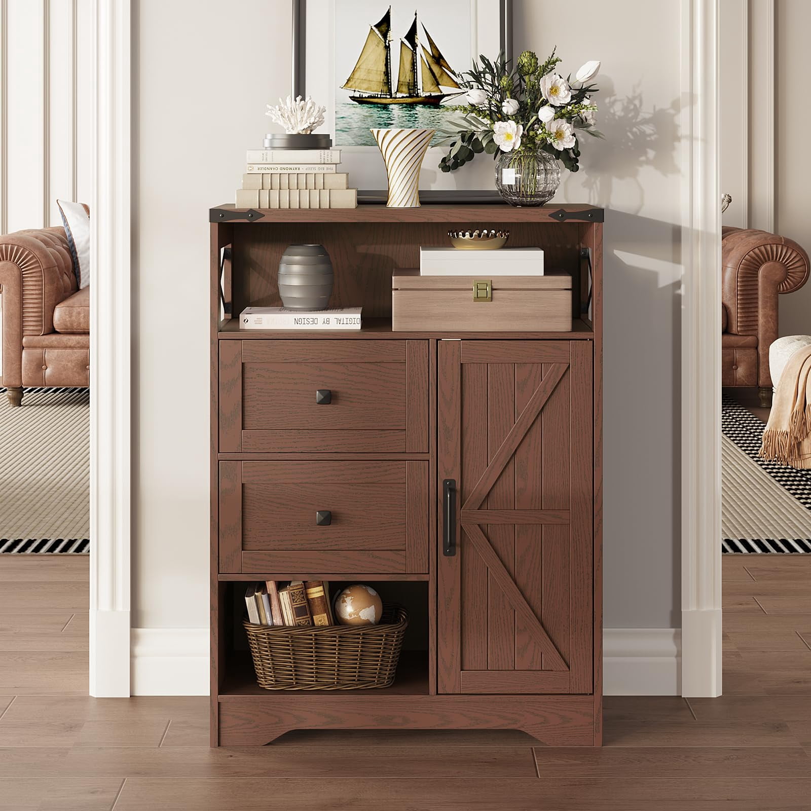 Farmhouse Style Freestanding Cabinet with 2 Drawers and Shelves, Multi ...