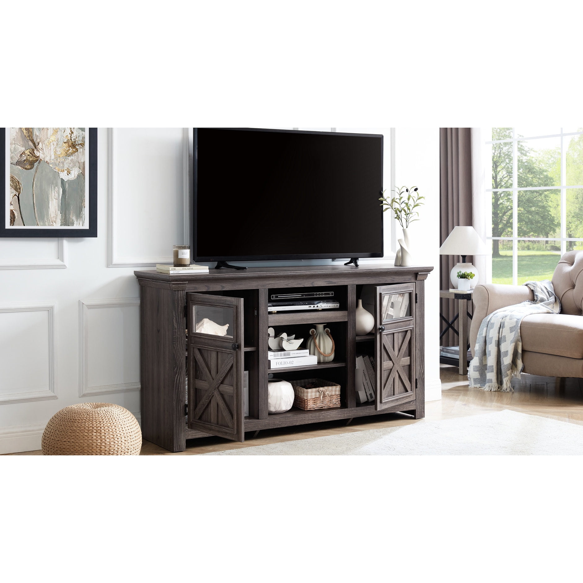Farmhouse-Style Grey Cabinet with Open and Closed Storage - Versatile ...