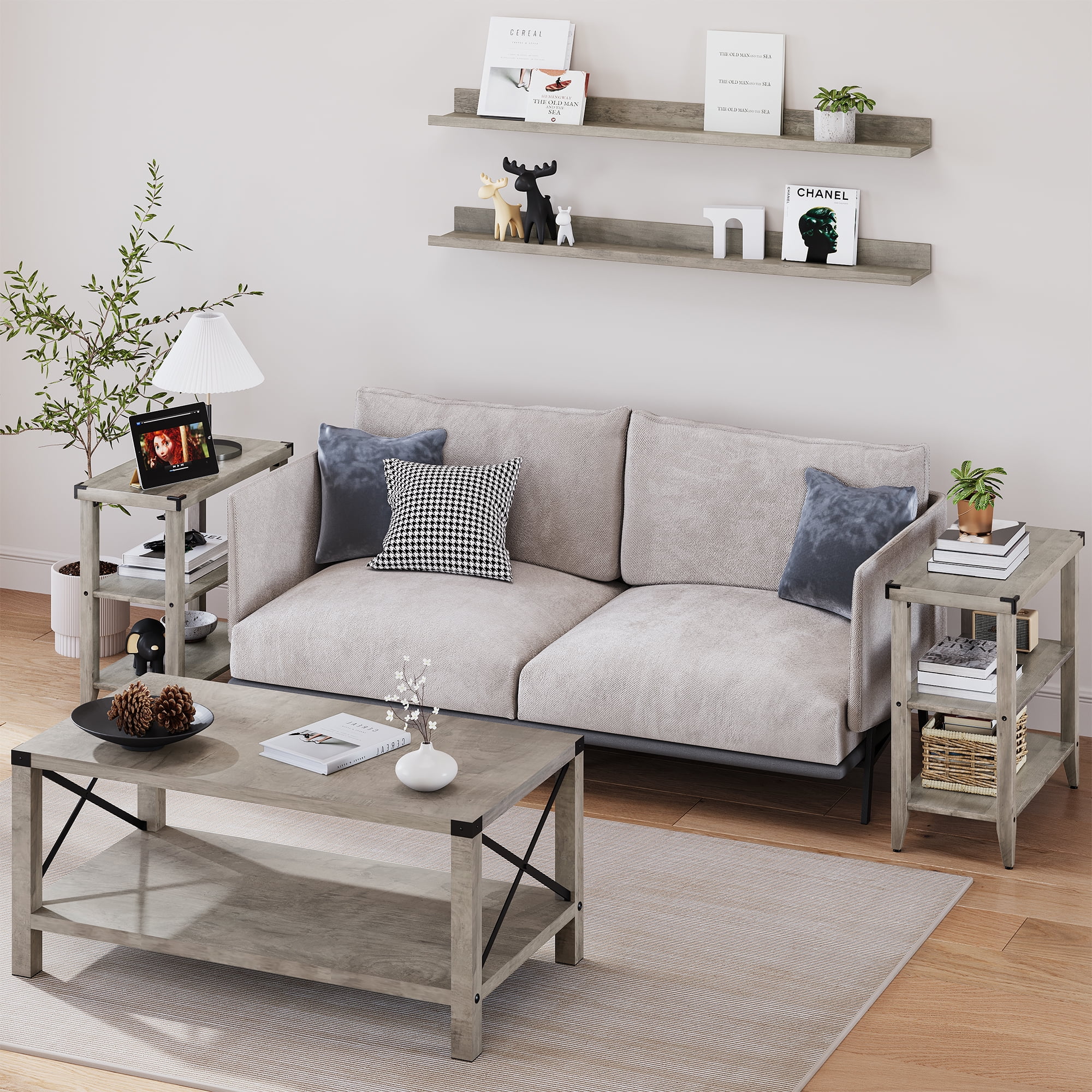 Farmhouse Style Grey End Table – Versatile 3 Tier Wood Side Table with ...