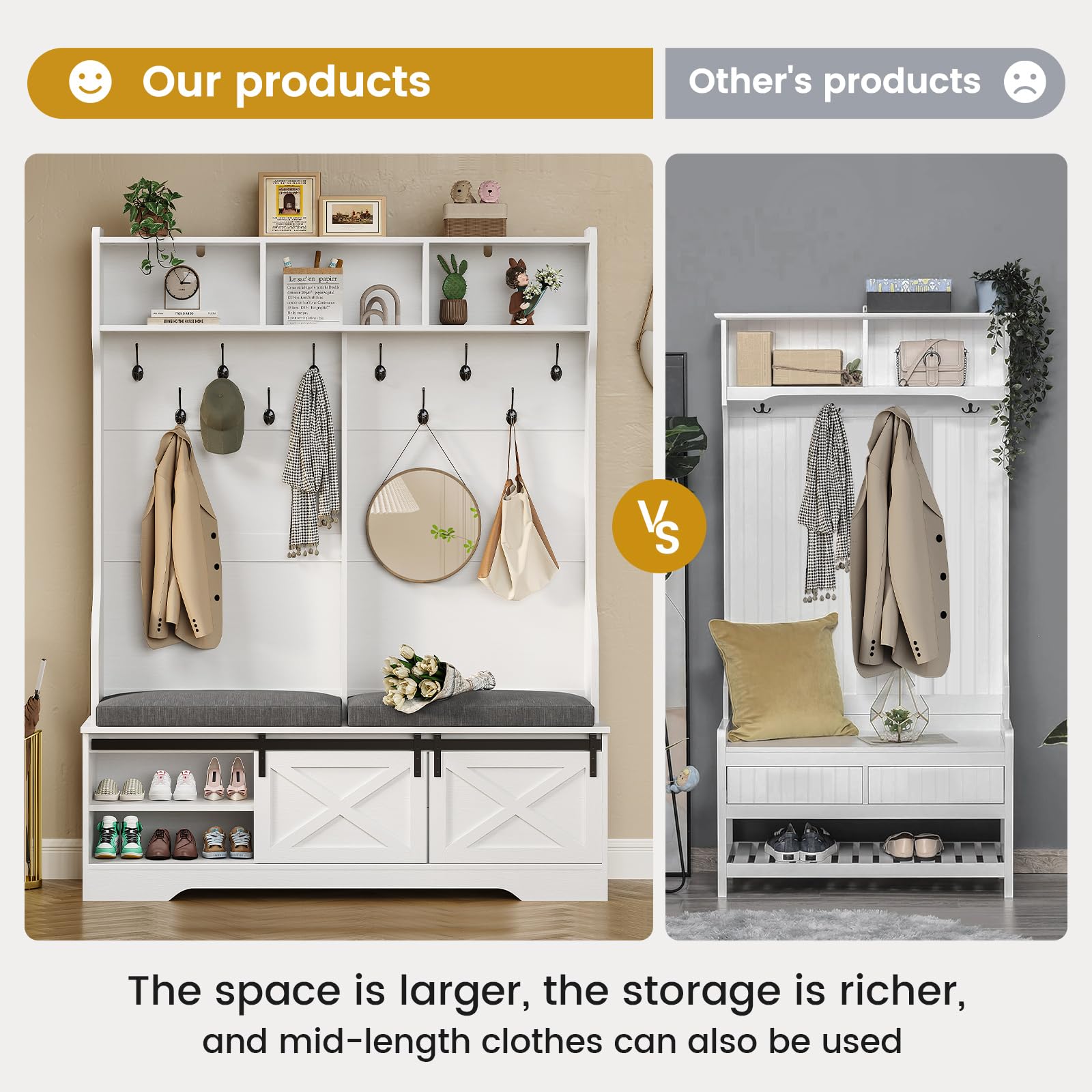 Farmhouse Style Hall Tree with Bench, 60IN Entryway Shoe Storage ...