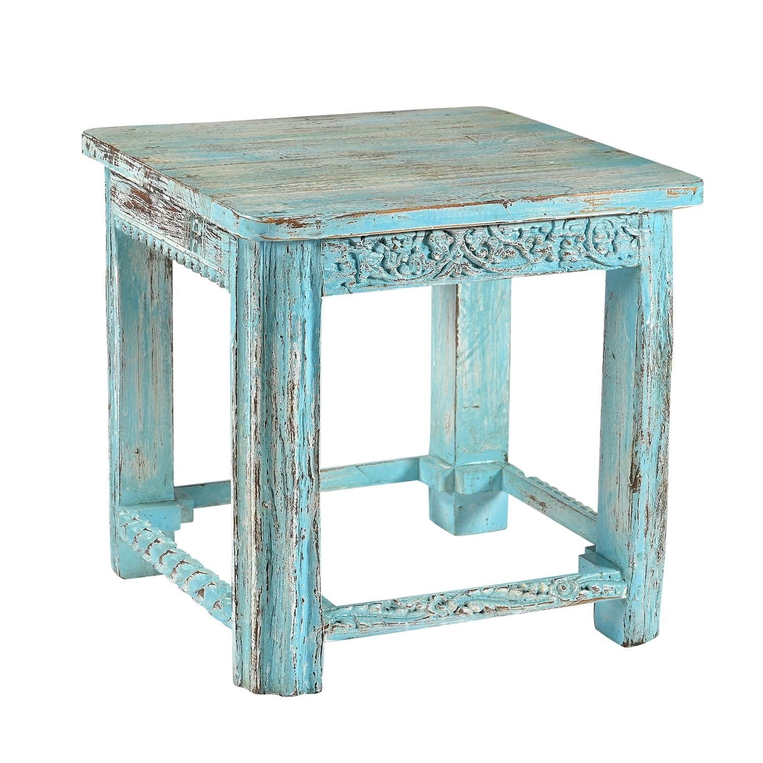 Farmhouse Style Hand Carved 18 in. Square End Table in Distressed Blue ...