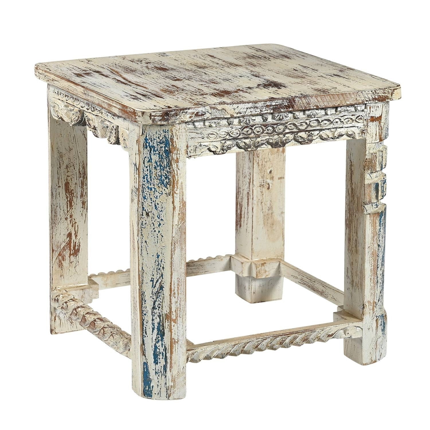Farmhouse Style Hand Carved 20" Square Side Table in Distressed White ...