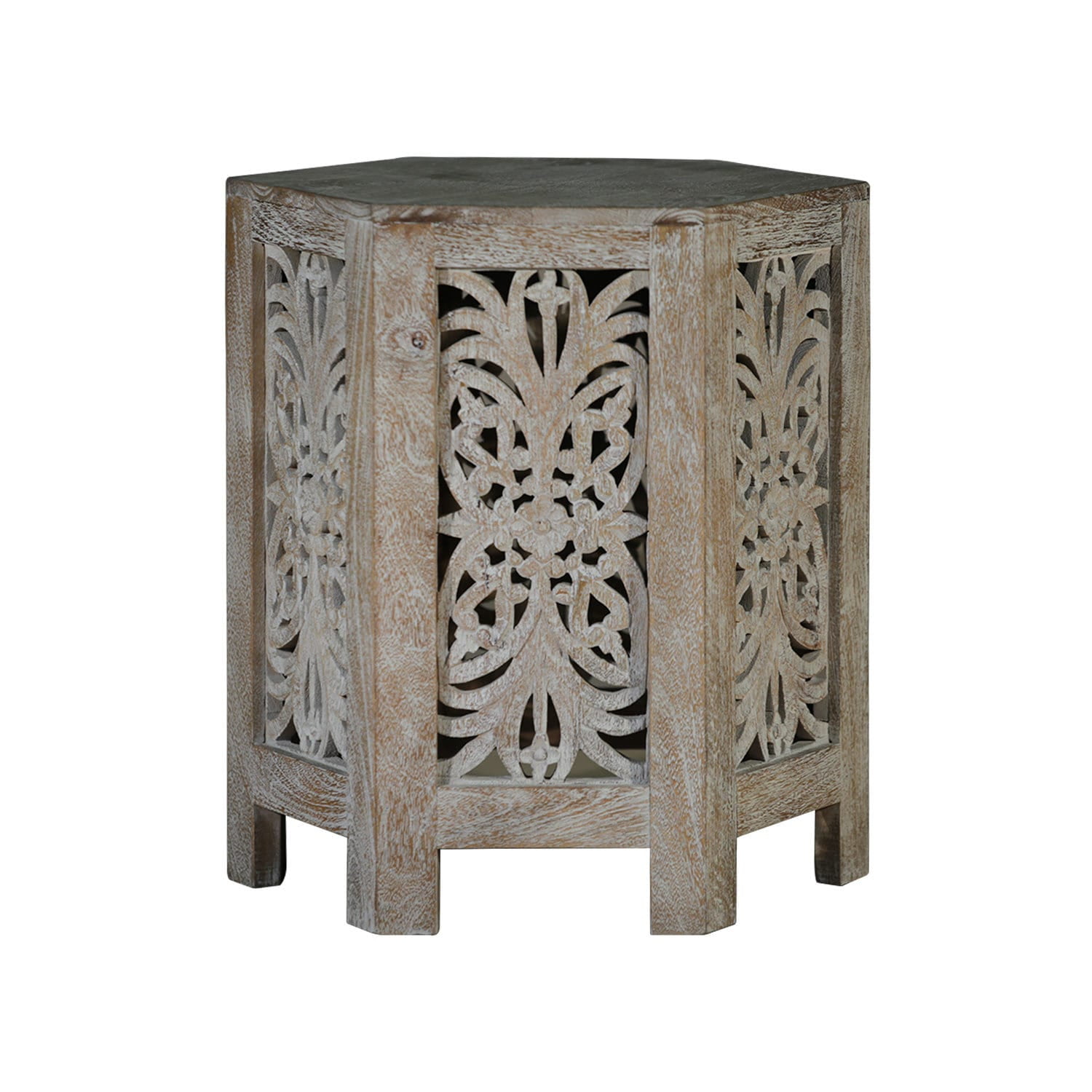 Farmhouse Style Handmade Carved Side Table | Solid Mango Wood Accent ...