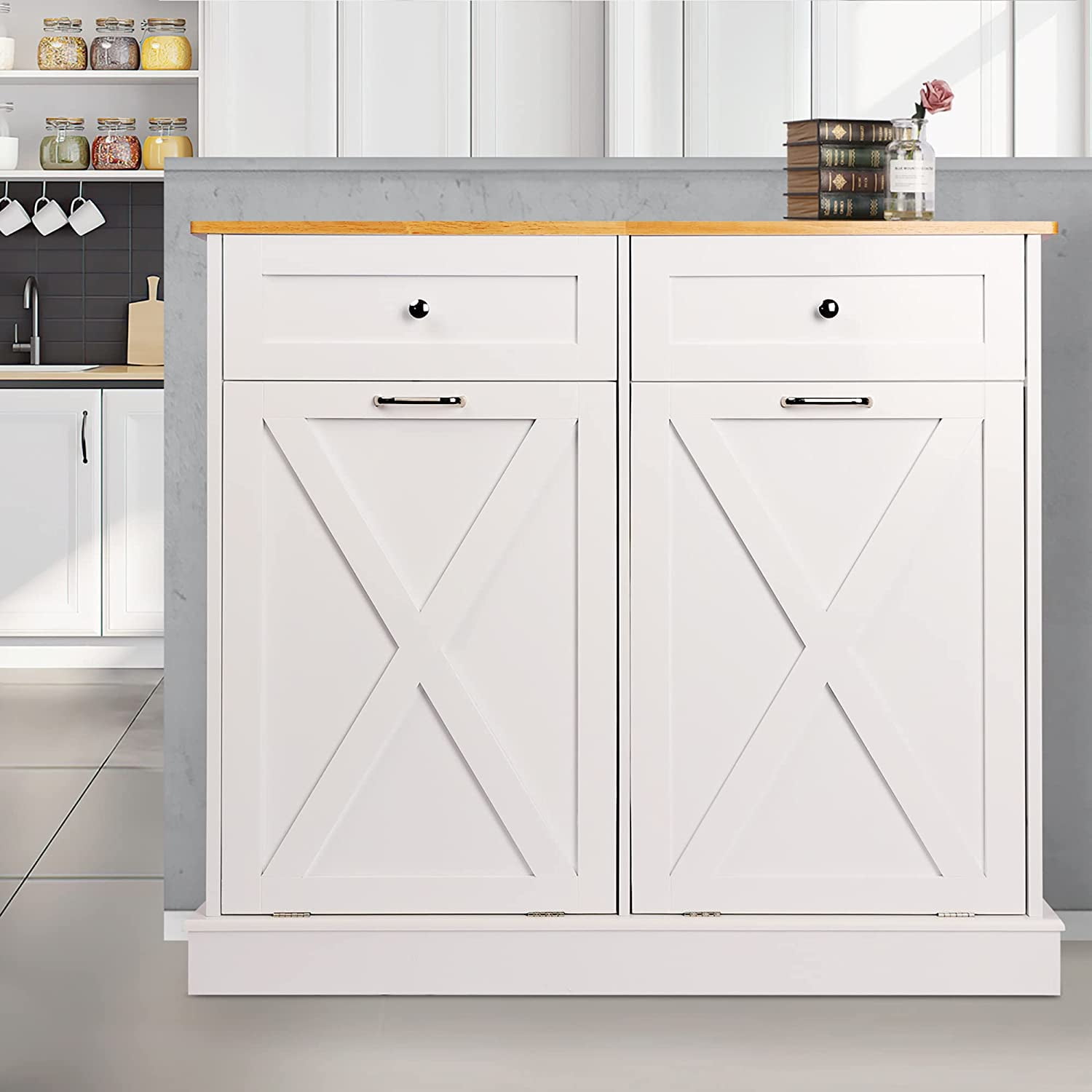 Farmhouse Style Kitchen Trash Cabinet, Double Tilt Out Trash Can ...