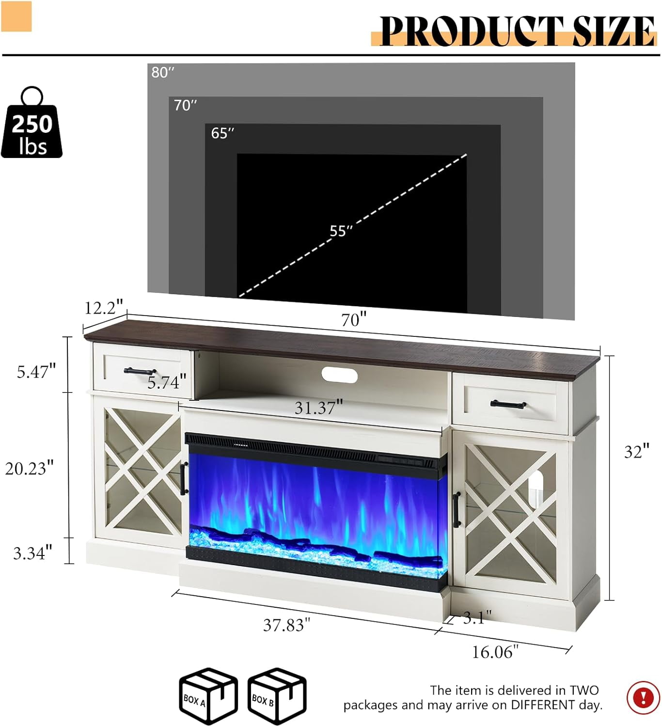 Farmhouse Style LED Fireplace TV Stand with 3-Sided Glass Fireplace, 70 ...