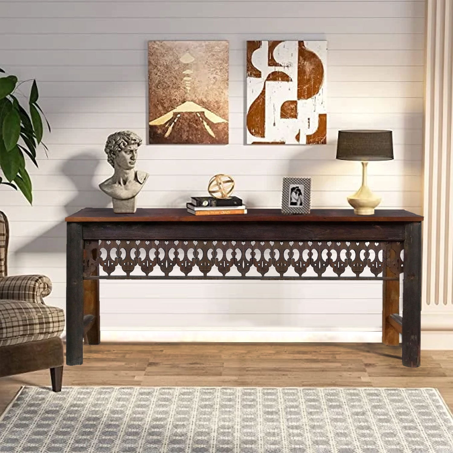 Farmhouse Style Lattice Carved Teak Wood Long Console | Unique Entryway ...