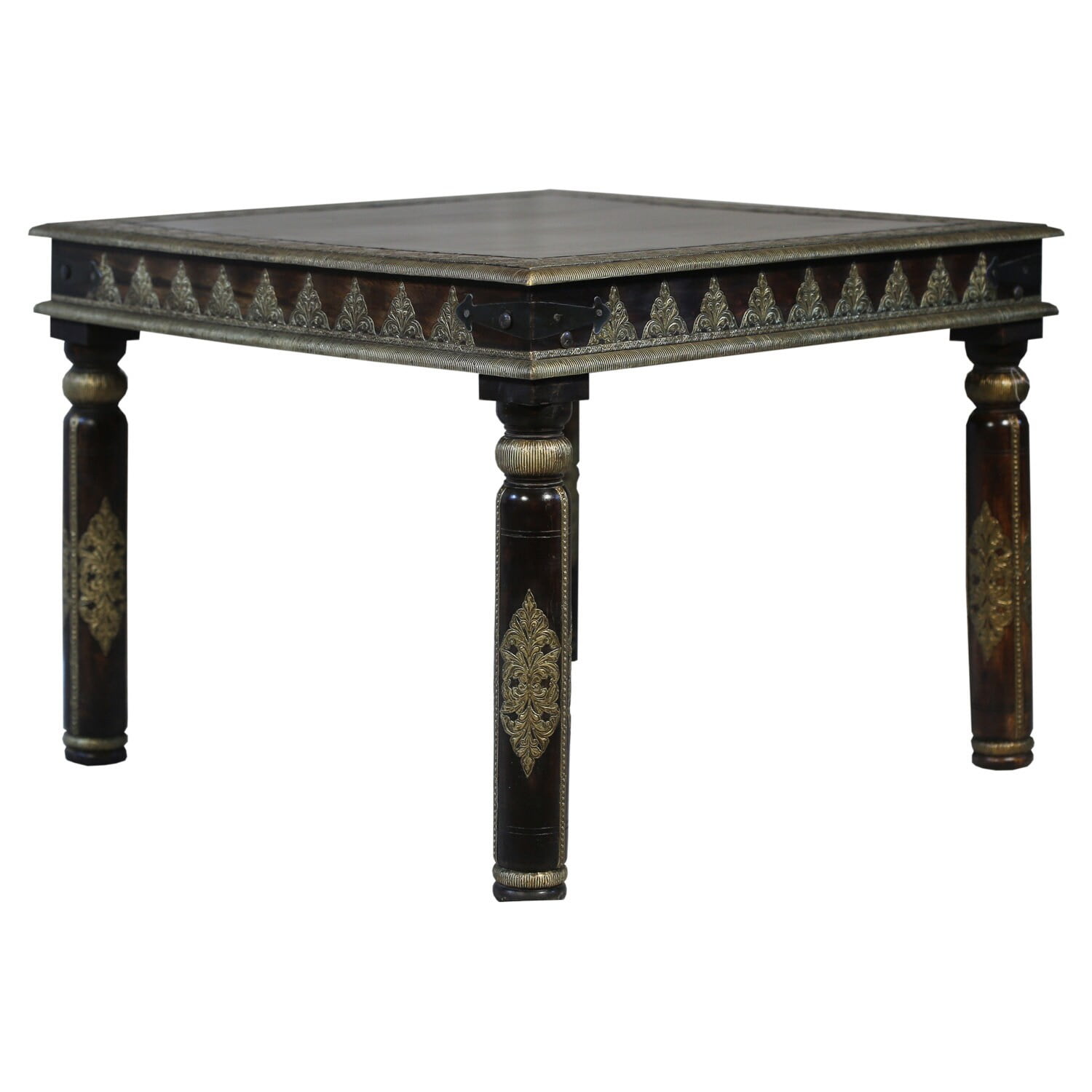 Farmhouse Style Ornate Dining Table With Brass Accent | Solid Teak Wood ...