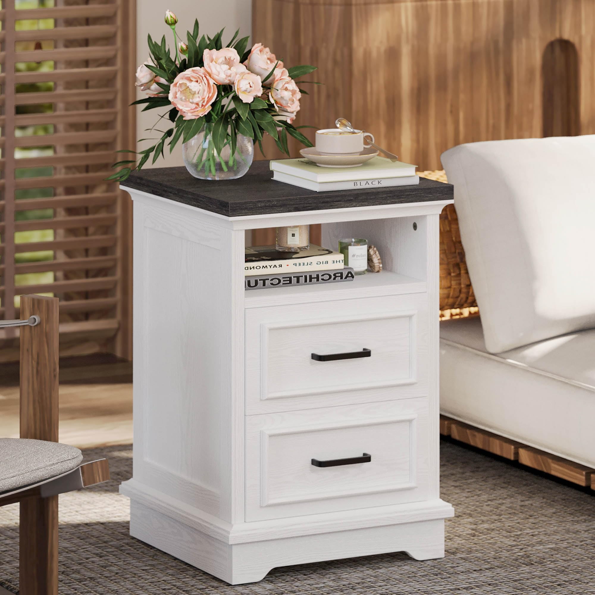 Farmhouse Style Side Table with Storage, Rustic Nightstand for Bedroom ...