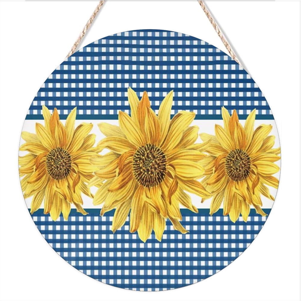 Farmhouse Style Sunflower With Navy Gingham Round Hanging Wood Sign