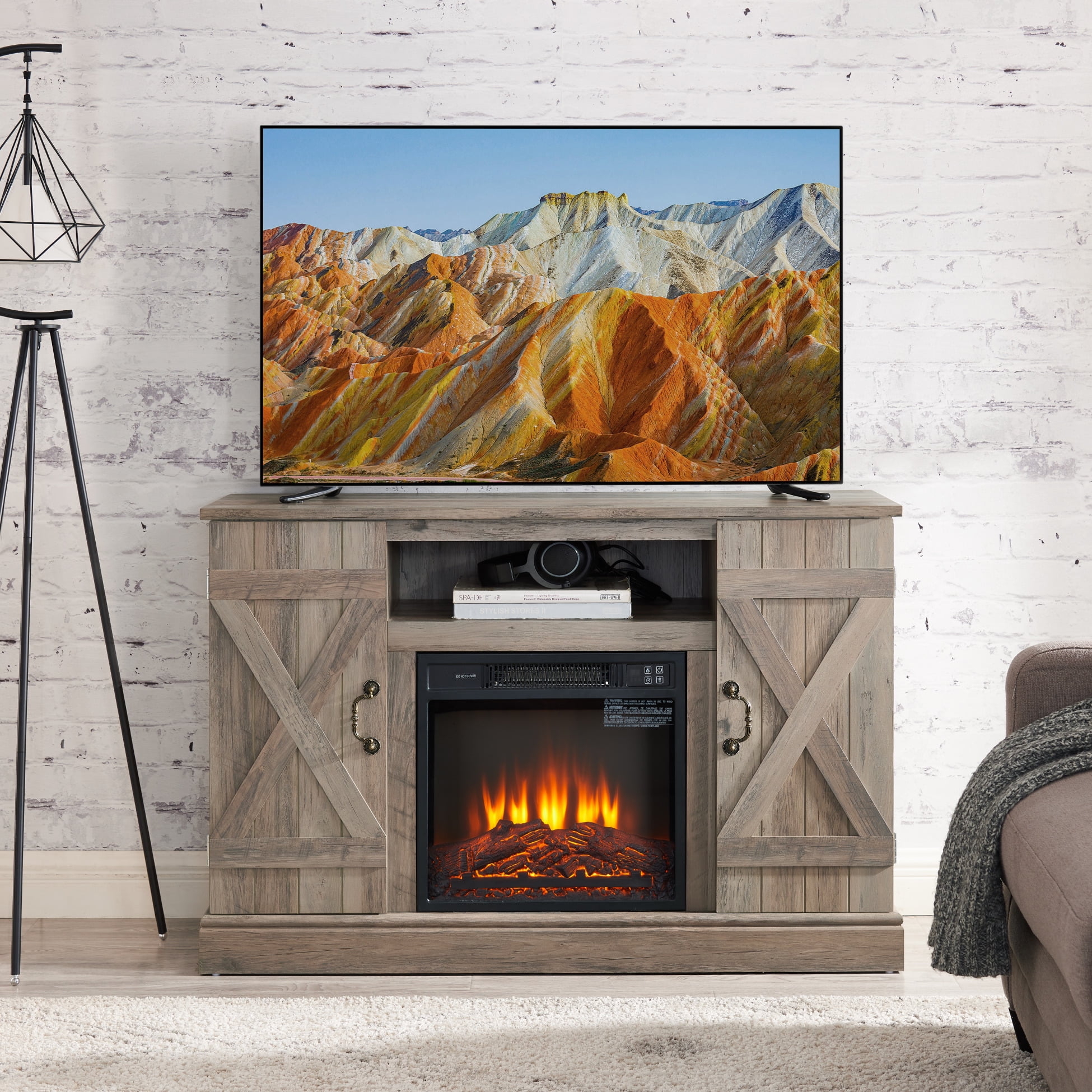 Farmhouse Style TV Stand with 18 Inch Recessed Electric Fireplace for ...