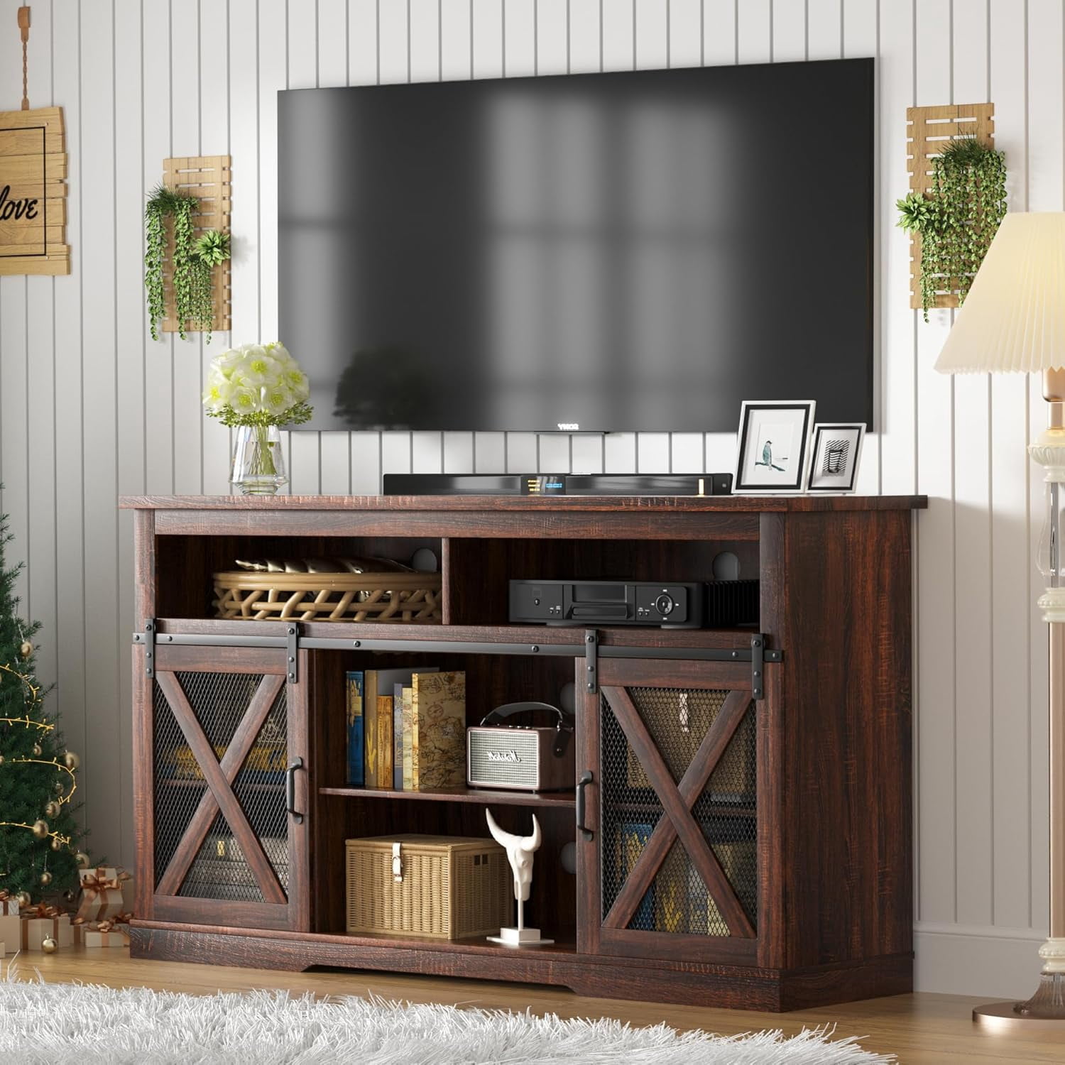 Farmhouse Style TV Stand for 65+ Inch TV, 34" Tall Entertainment Center ...