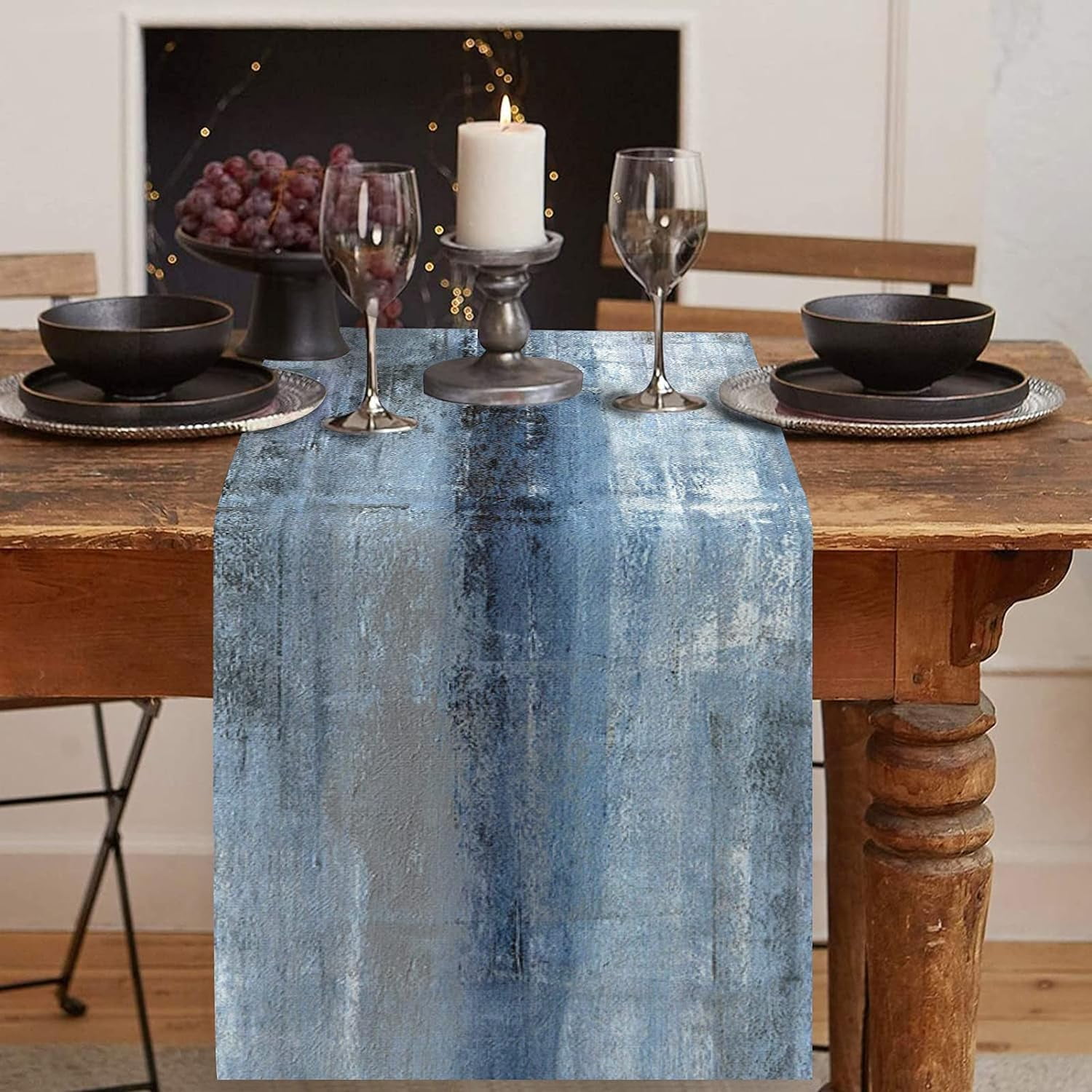 Farmhouse Style Table Runner, Abstract Art Painting Denim Blue Table ...