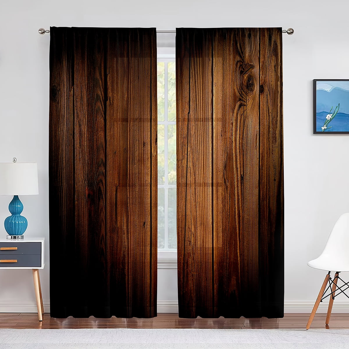 Farmhouse Style Western Brown Primitive Wood Tulle Curtains for Living ...