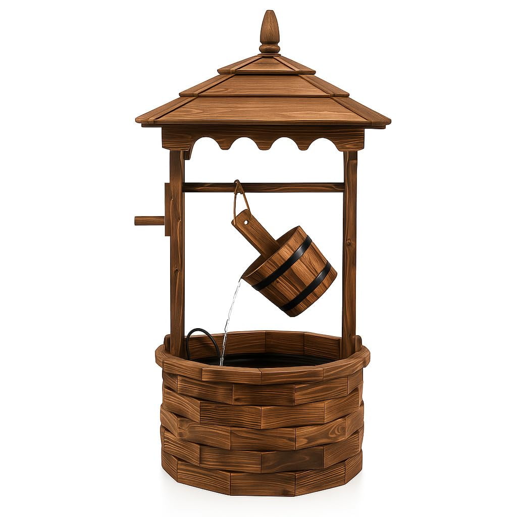 Farmhouse Style Wishing Well Fountain with Tilting Bucket, Wooden ...
