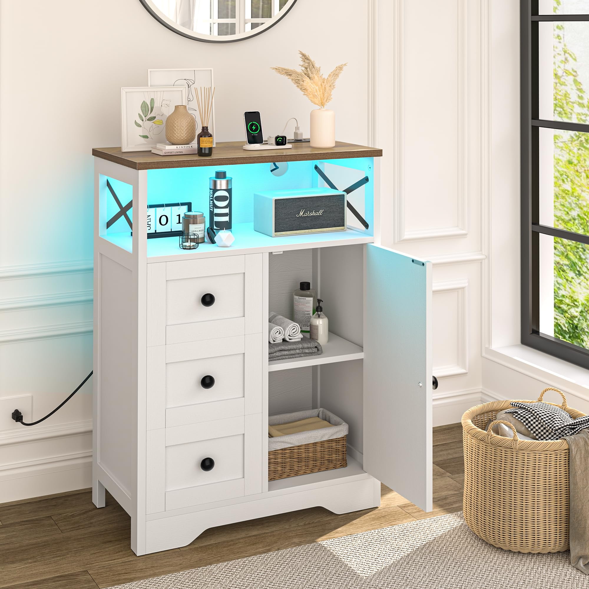 Farmhouse Style Wooden Cabinet with LED Lights USB Ports, Storage ...
