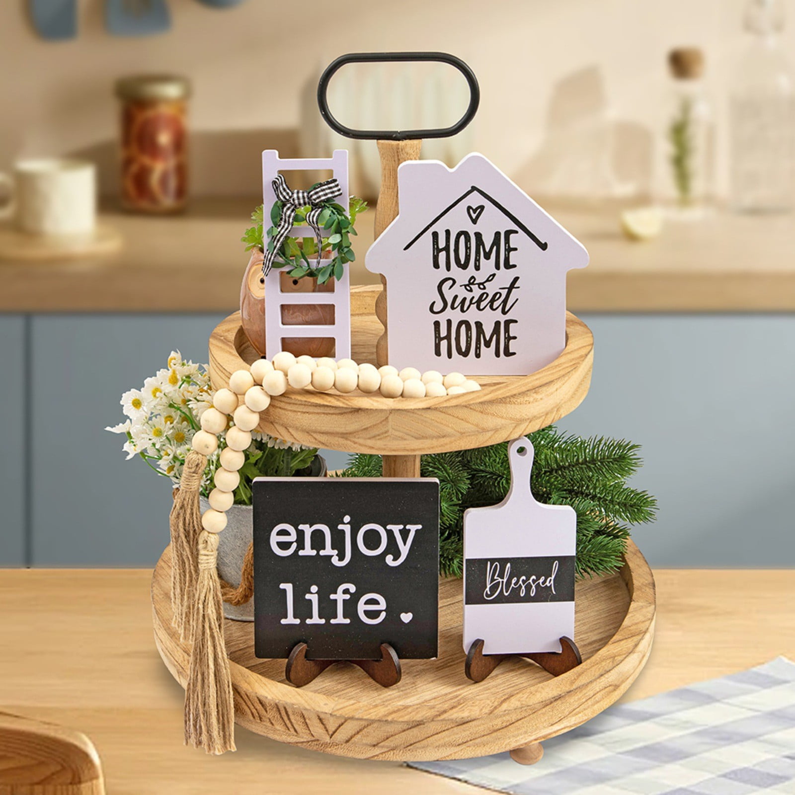 Farmhouse Style Wooden Tray Tabletop Centerpiece Layered Crafted Home ...