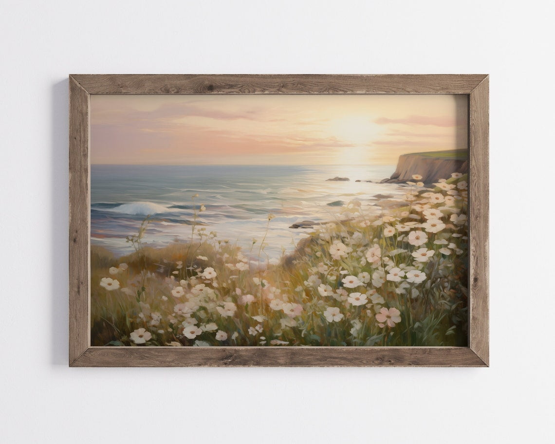 Farmhouse Summer Sunset Wall Art, Cottagecore Sea Sunrise Flower Poster ...