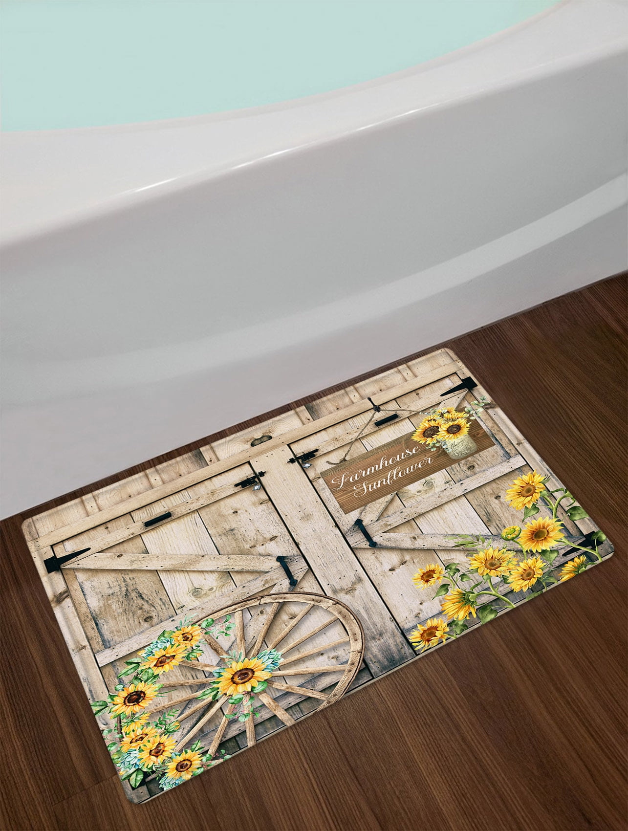 Farmhouse Sunflower Bathroom Mat,Rustic Wooden Barn Door Bathroom Floor ...