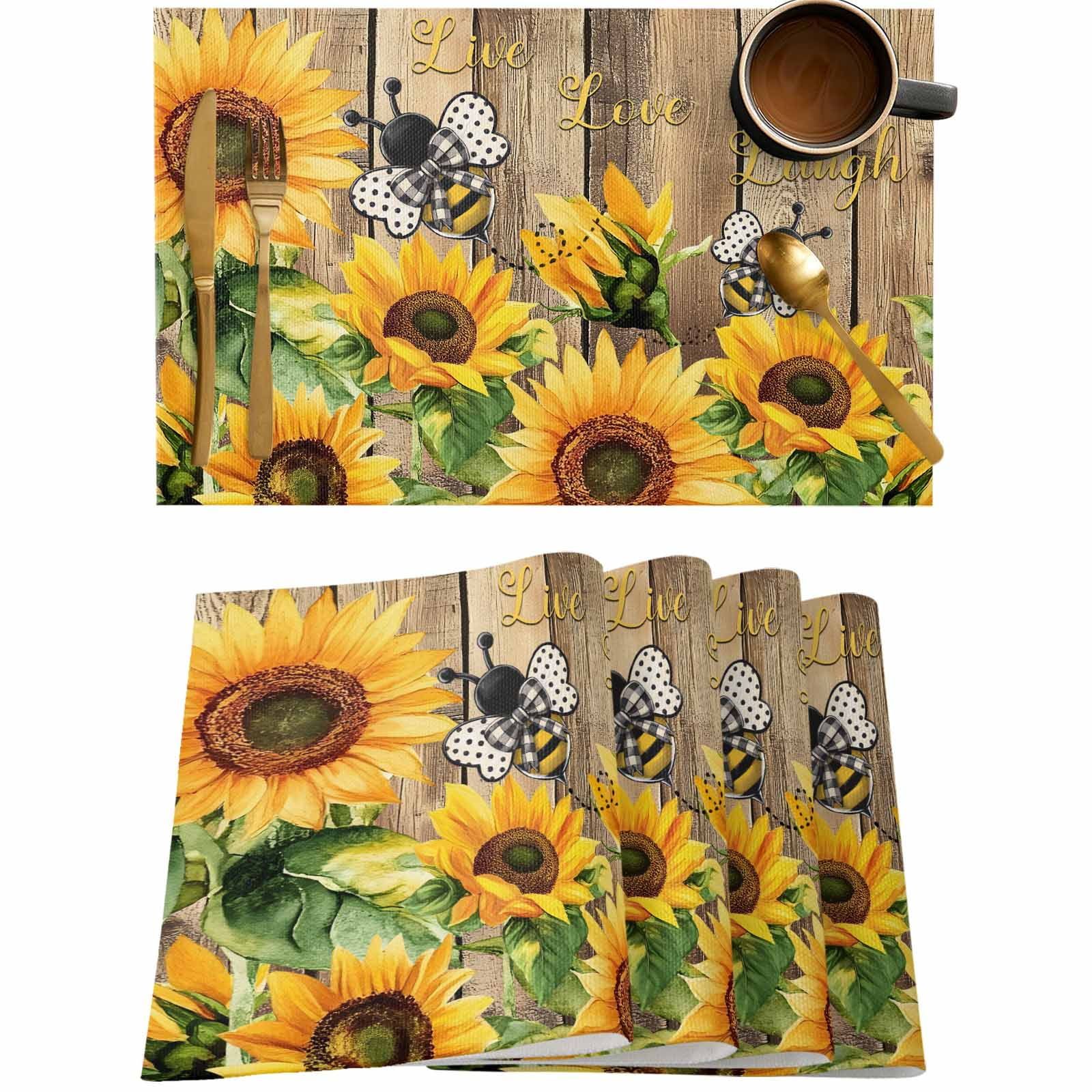 Farmhouse Sunflower Bee Watercolor Placemats Set of 4,Wipeable Washable ...