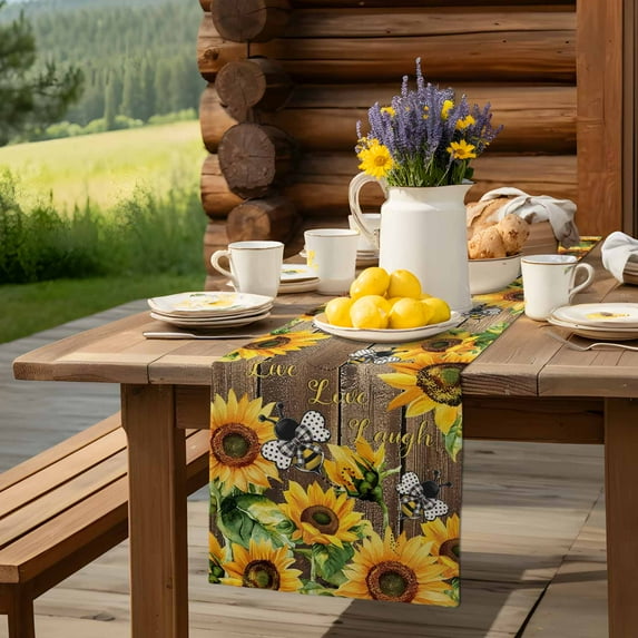 Farmhouse Sunflower Bee Watercolor Table Runner 13x70in Non-Slip Cotton ...