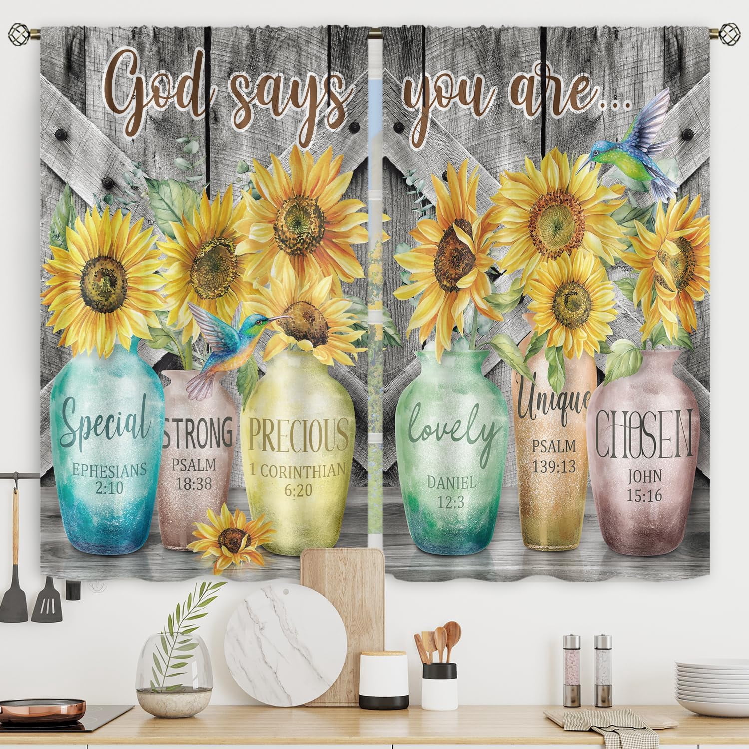 Farmhouse Sunflower Bible Verse Kitchen Curtains Short Small Christian ...