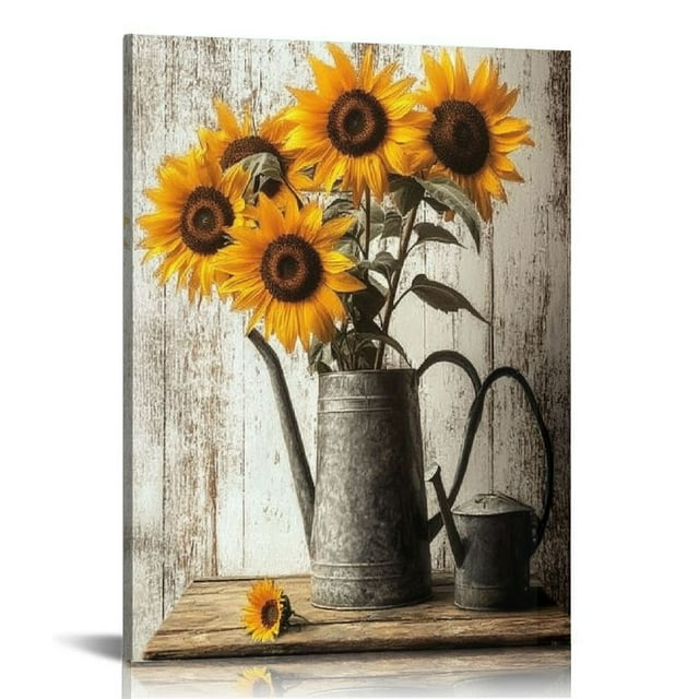 Farmhouse Sunflower Canvas Wall Art: Rustic Brown Pot Wall Decoration ...