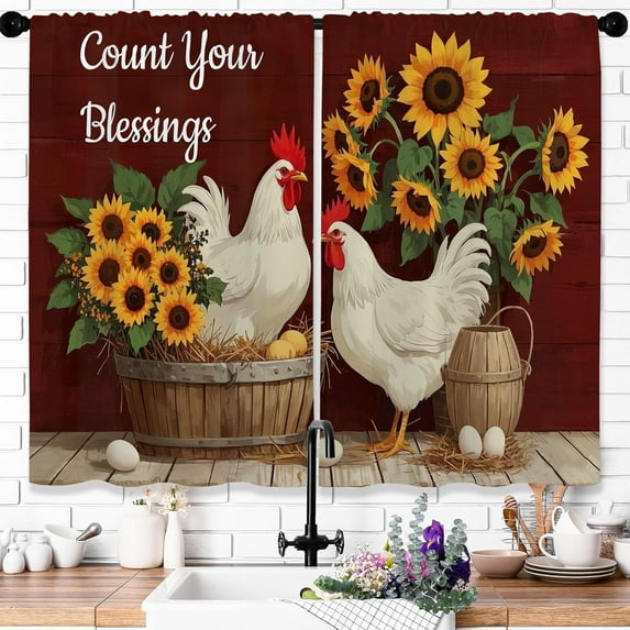 Farmhouse Sunflower Chicken Kitchen Curtains, Oil Painting Flower ...