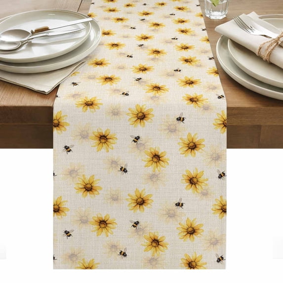 Farmhouse Sunflower Cotton Linen Table Runner Rustic Yellow Honey Bees ...