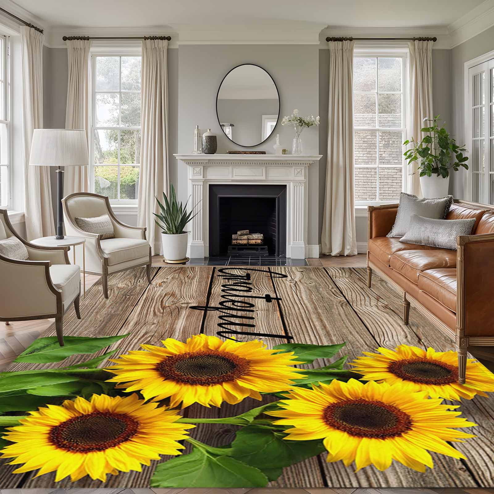 Farmhouse Sunflower Grateful Area Rug 6x9 Washable Rug Non Slip Brown ...