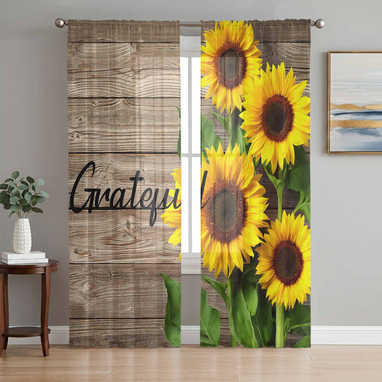 Farmhouse Sunflower Grateful Sheer Curtains 96 Inch Length 2 Panels Set ...