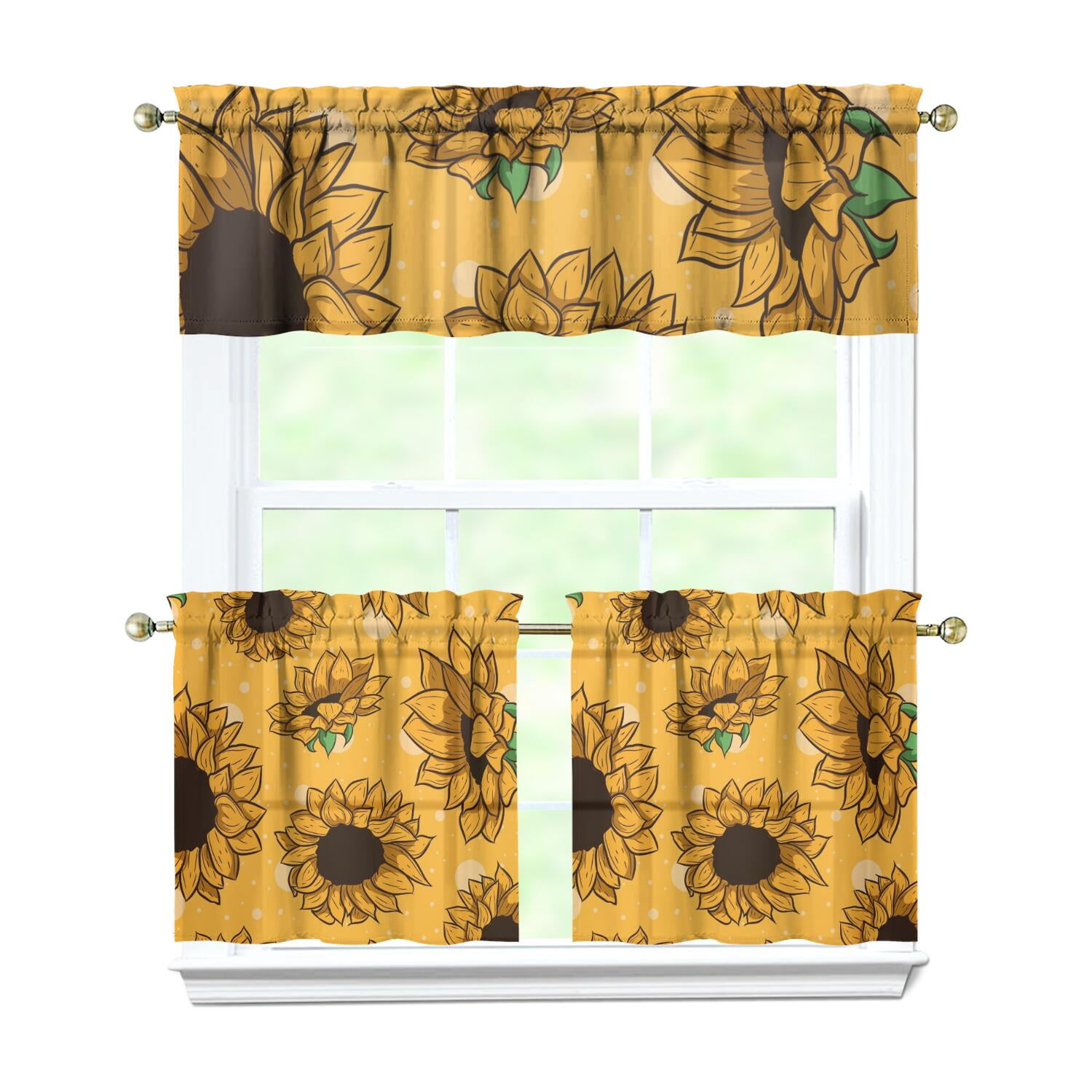 Farmhouse Sunflower Kitchen Curtains Set - 3 Piece Boho Floral Tier ...