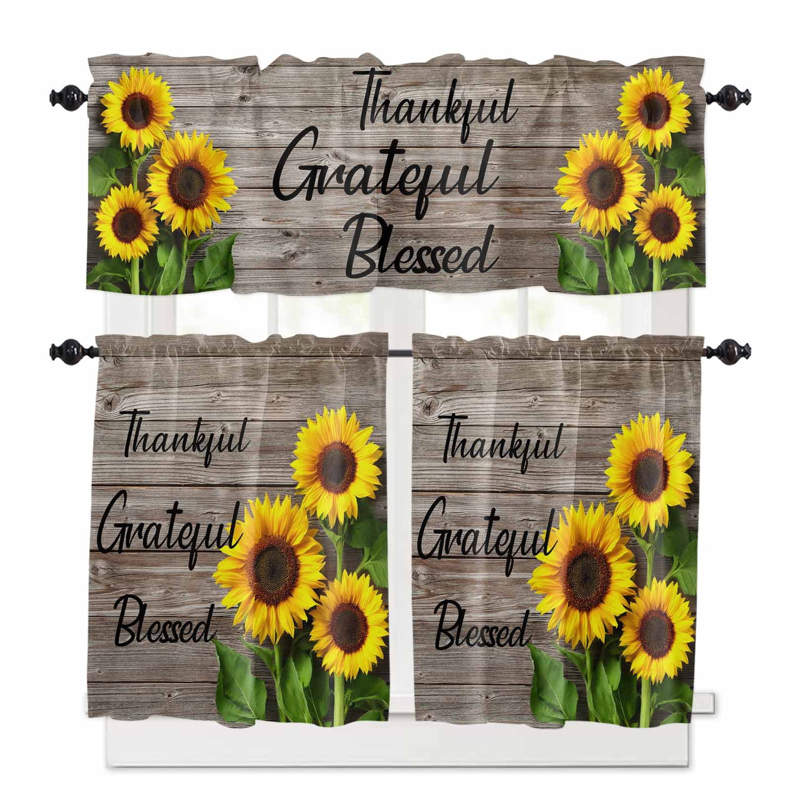 Farmhouse Sunflower Kitchen Curtains Valance and Tier Set Thankful ...