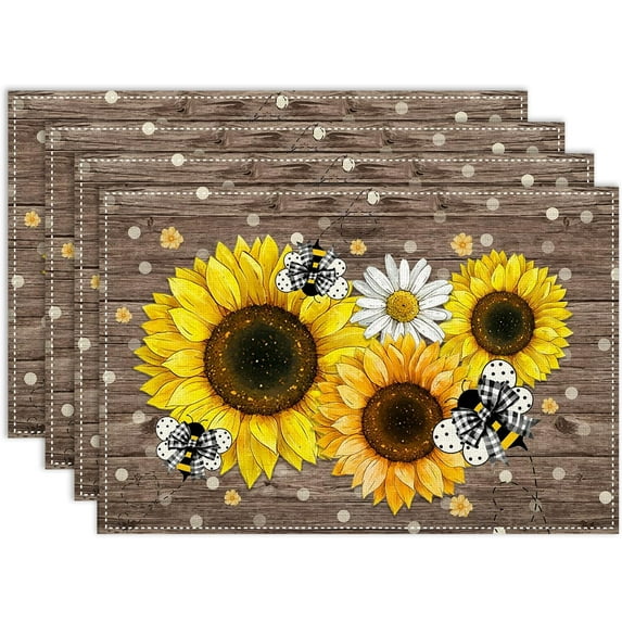 Farmhouse Sunflower Placemats Set of 4, 12x18 Inch Retro Daisy Floral ...