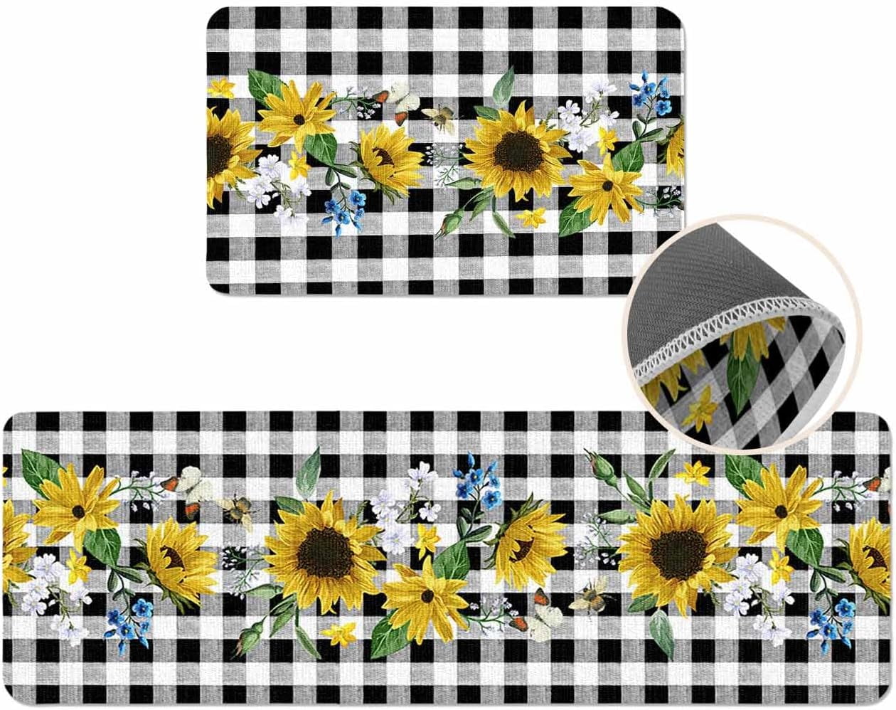 Farmhouse Sunflower Plaid Kitchen Mat Set of 2,Anti-Fatigue Kitchen ...