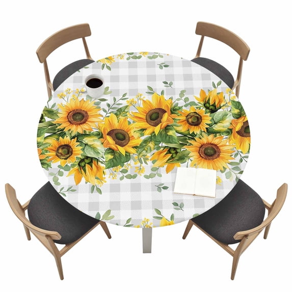 Farmhouse Sunflower Round Fitted Tablecloth with Elastic Edge Vintage ...