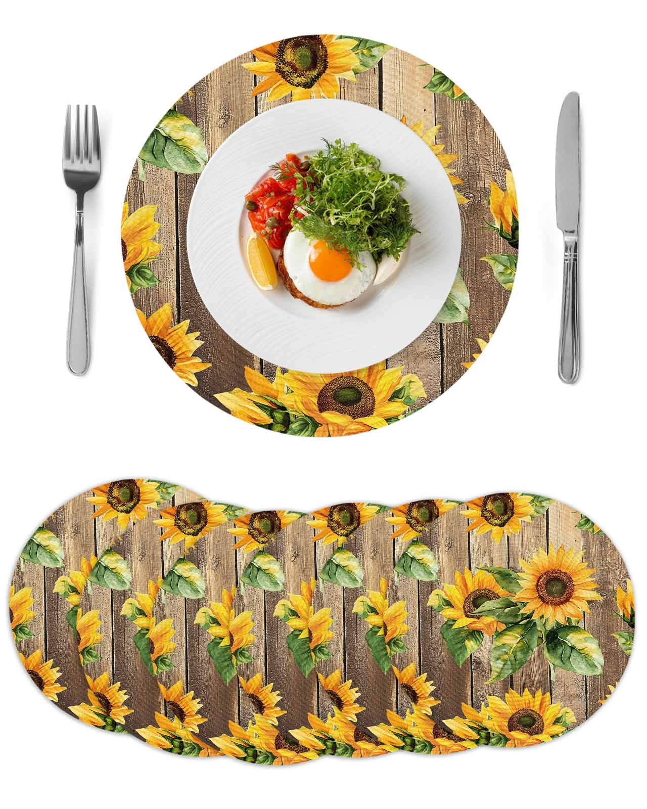 Farmhouse Sunflower Round Table Placemats set of 6, Vintage Wood ...