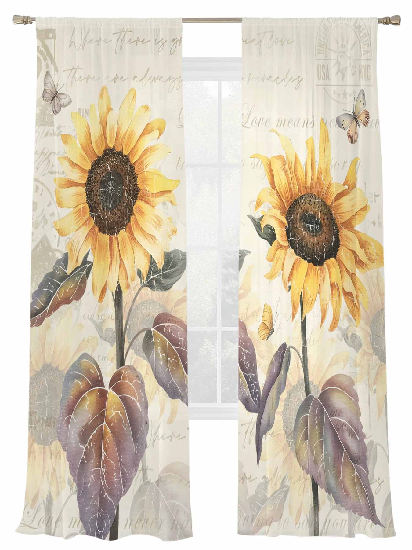 Farmhouse Sunflower Sheer Curtains for Living Room Bedroom, Vintage ...