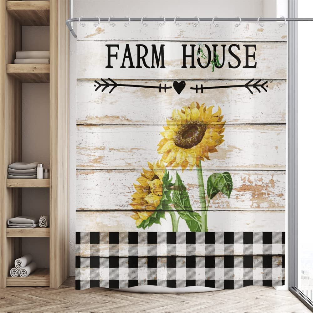 Farmhouse Sunflower Shower Curtain,Sunflower Black White Buffalo Check ...