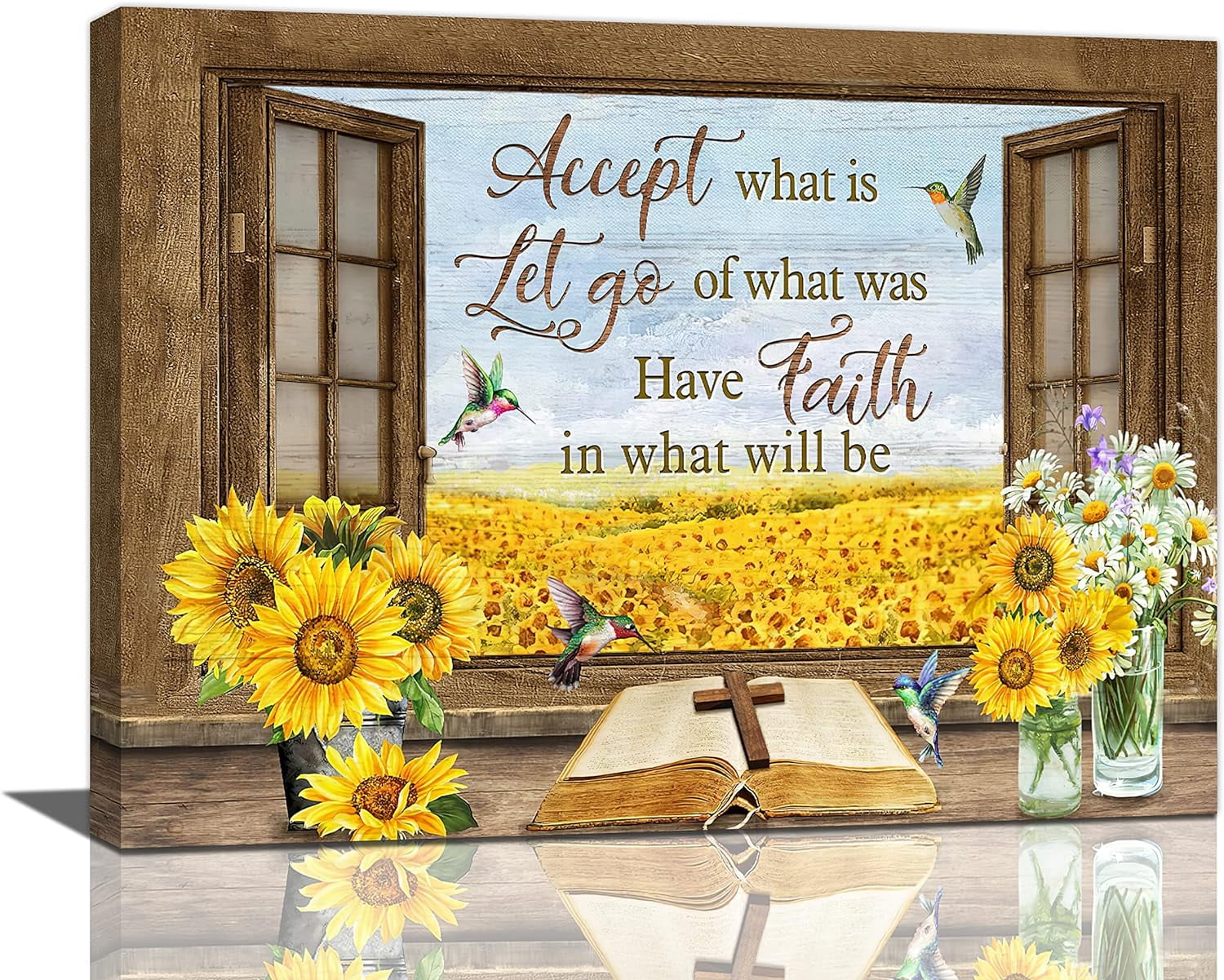 Farmhouse Sunflower Wall Art Hummingbird Christian Bible Verse Pictures ...